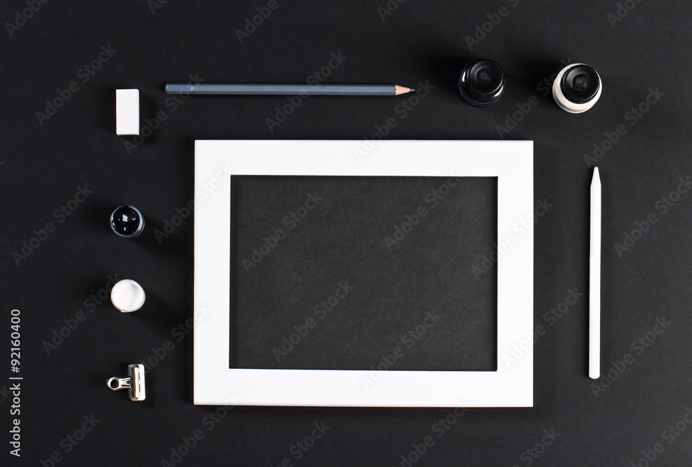 black and white mock up with white wooden photo frame with black field ...