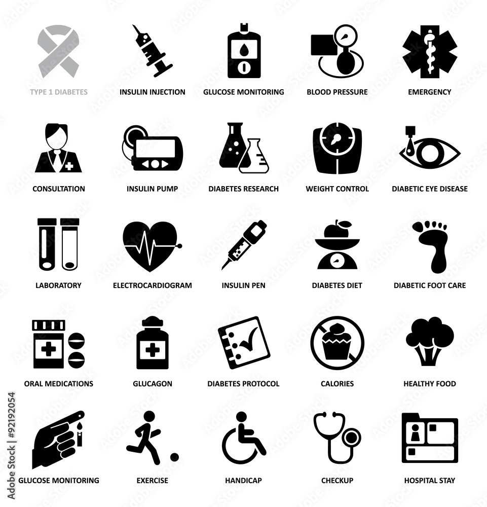 Diabetes Mellitus medical vector black icon set Stock Vector | Adobe Stock