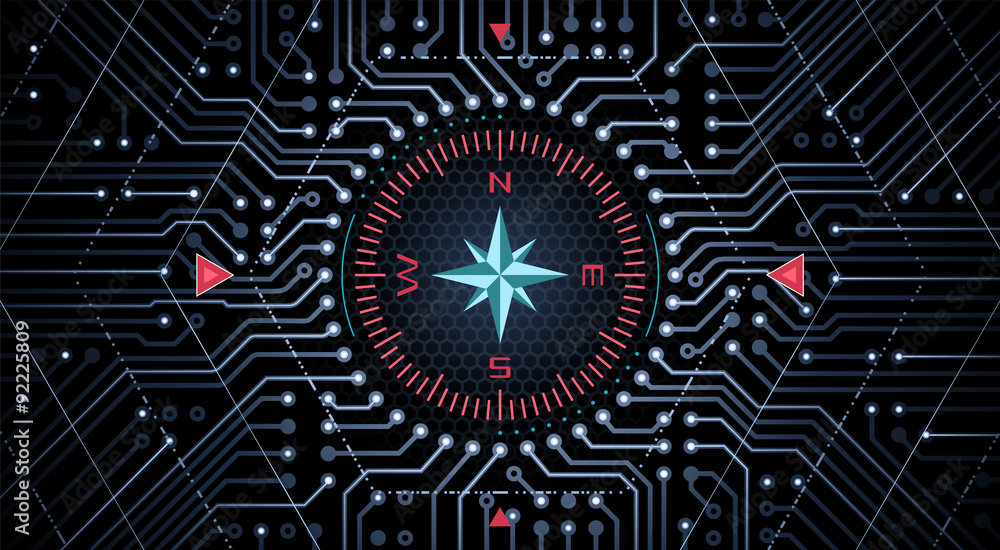 Analog-Digital Compass. Classical compass in the center of a circuit ...