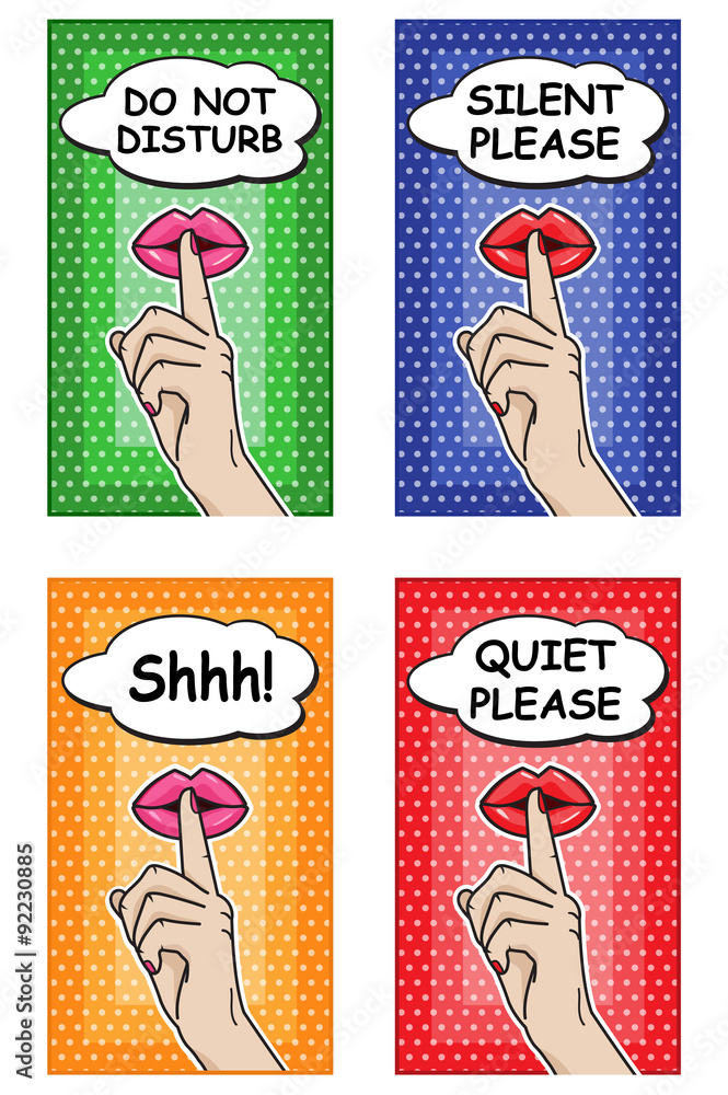 Girl making quiet silence sign. Vector door signs shhh, silence pleace ...