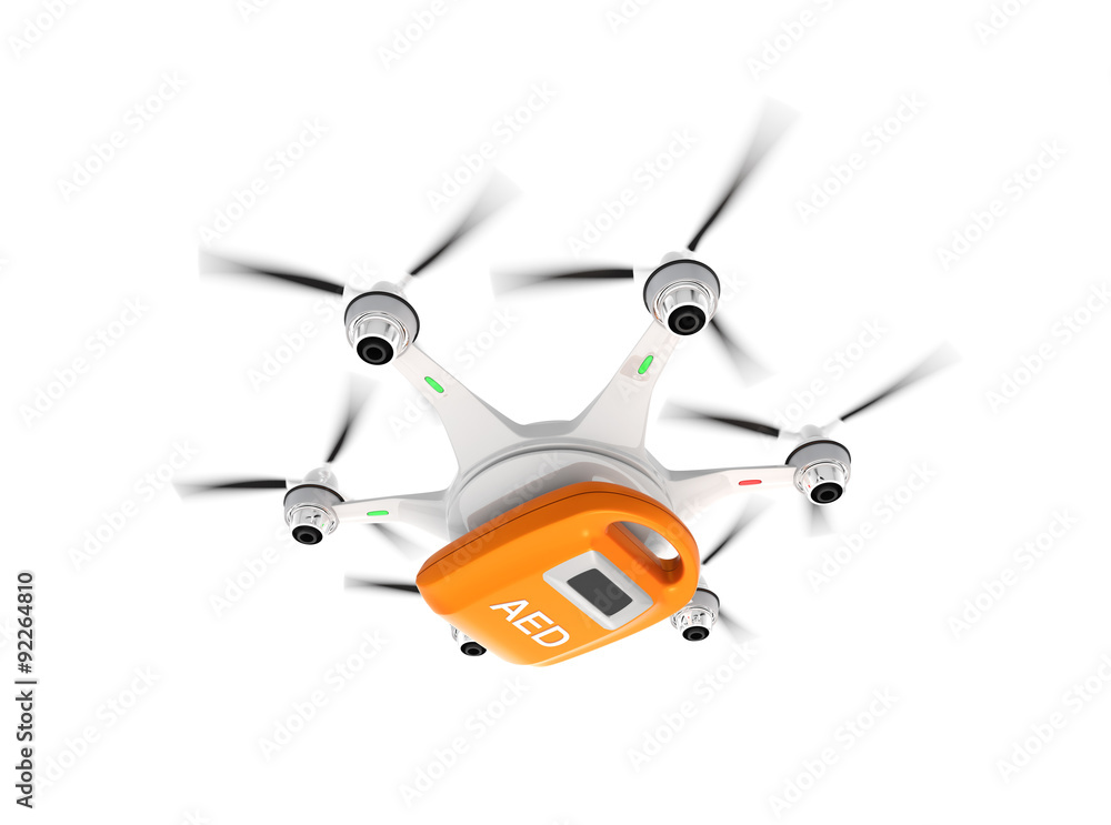 Ambulance drone delivers AED kit isolated on white background. Stock ...