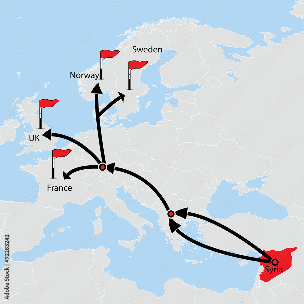 Migrant route from Syria. Destinations on vector map Stock-Vektorgrafik ...