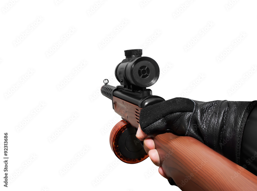 Hand holding automatic gun. Isolated first person view hand holding ...