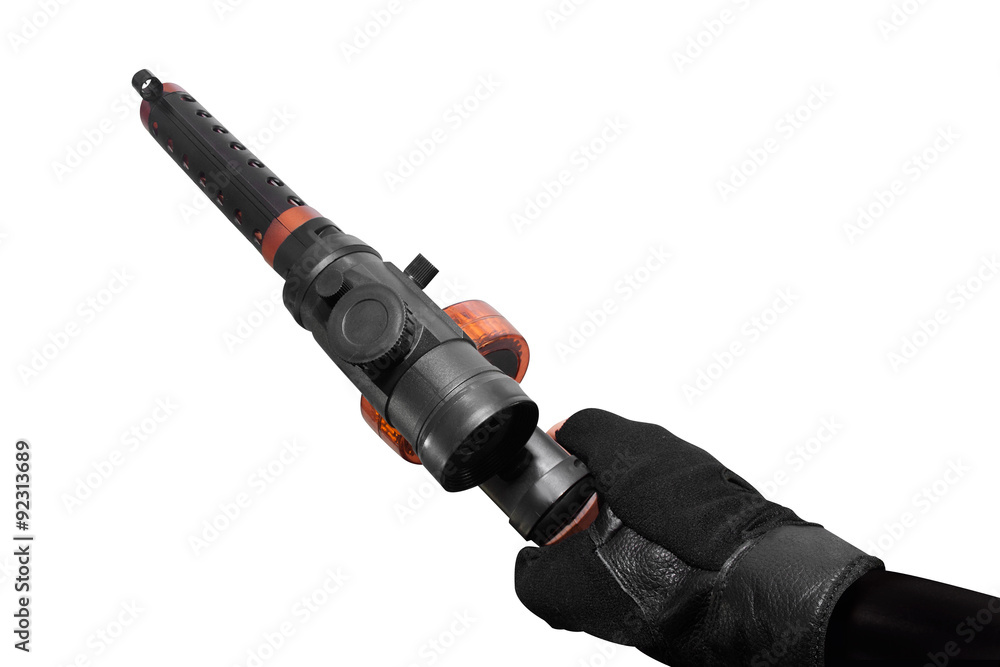 Hand holding automatic upper view gun. Isolated first person view hand ...