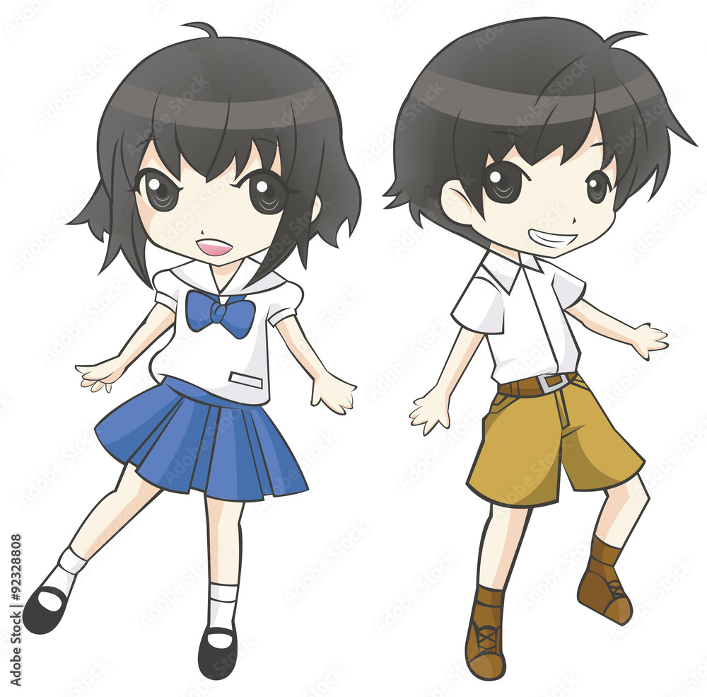 Vecteur Stock Cartoon Asian Thai student couple schoolgirl and ...
