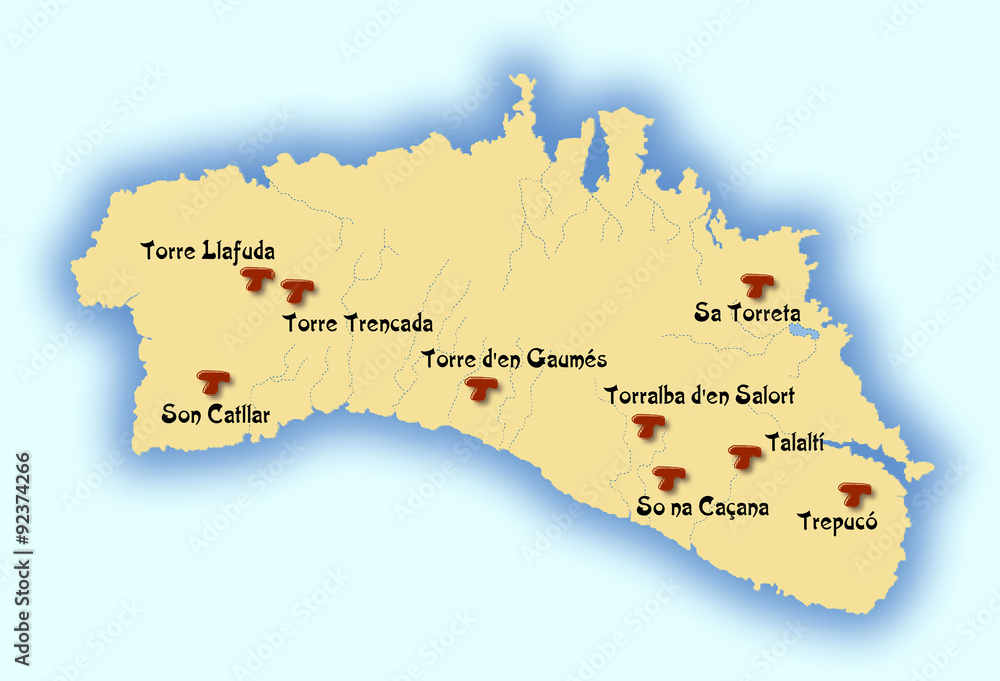 Map of Menorca, Spain, indicating the main Taulas (archaeological ...