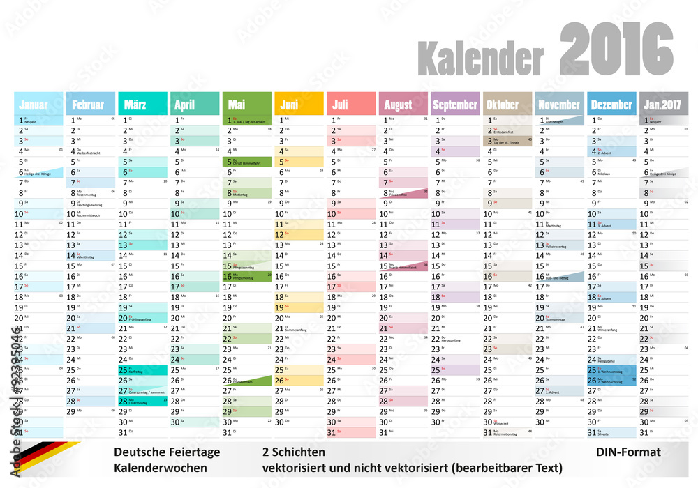 Kalender 2016 mit deutschen Feiertagen + KW Stock-Vektorgrafik | Adobe ...