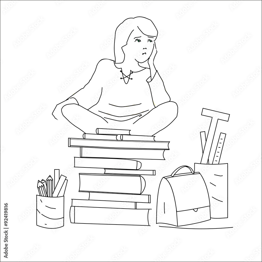 Hand Drawn Cartoon Student Sitting on Books Stock Vector | Adobe Stock