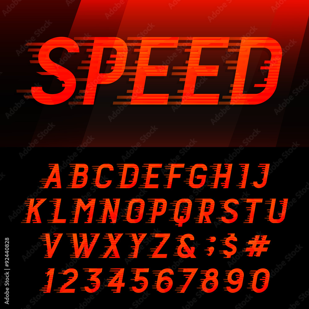 Speed alphabet vector font. Motion effect letters, numbers and symbols ...