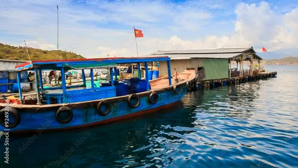 Vietnamese floating houses of village on tropical island Stock Video ...