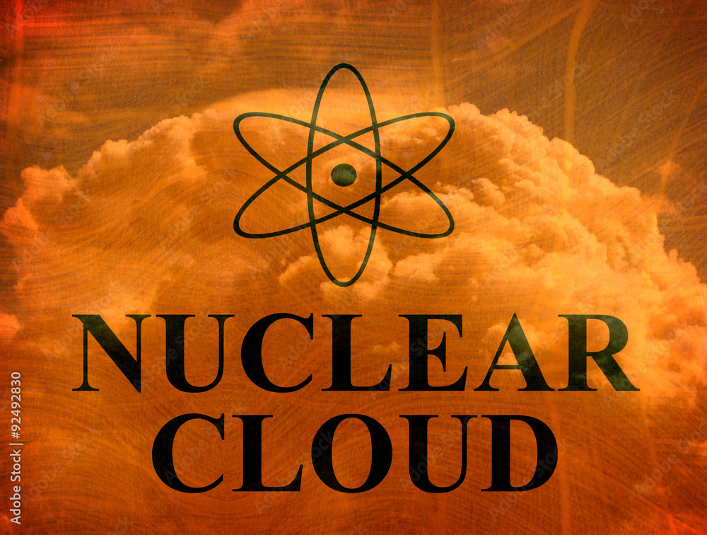 aged and worn nuclear destruction concept photo with symbol and cloud ...