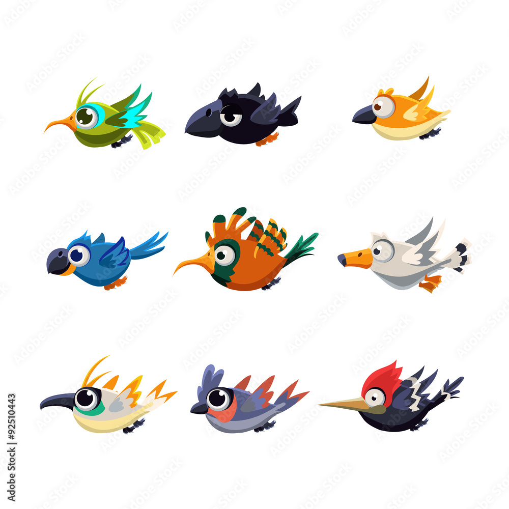 Cute Flying Birds Vector Illustration Set Stock Vector | Adobe Stock