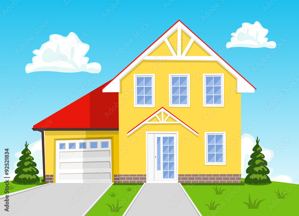 Colorful vector cartoon house on blue background. Illustration Stock ...
