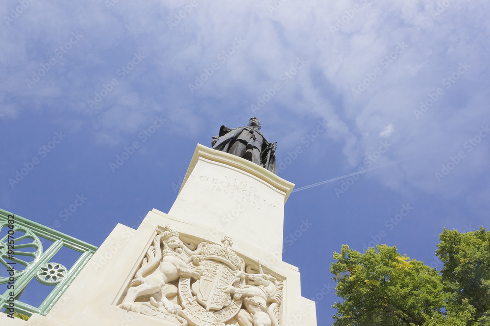 View of the ornate plinth of Portland stone decorated with Coat of Arms ...