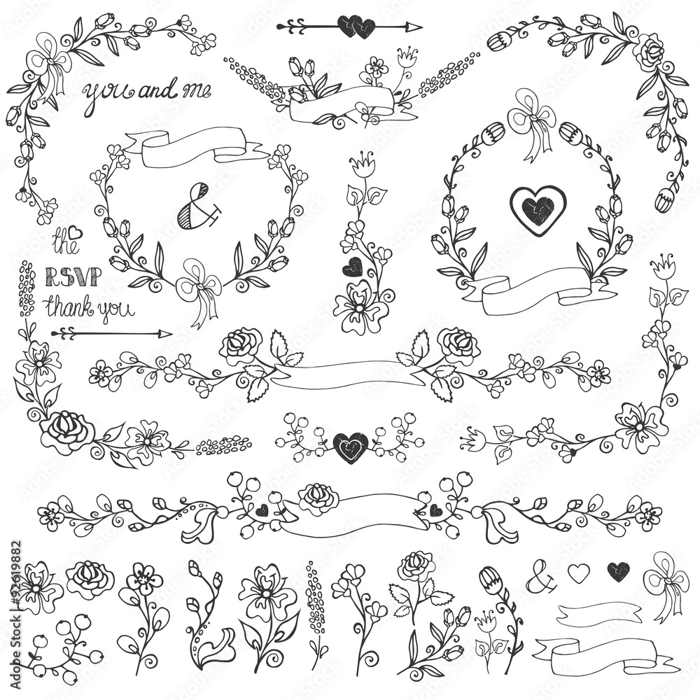 Doodles floral decor set.Borders,corner,elements.Outline Stock Vector ...