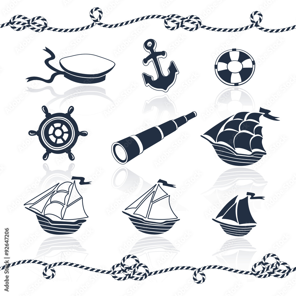 Sea objects set. Marine vector collection. Ships, anchor, ropes ...