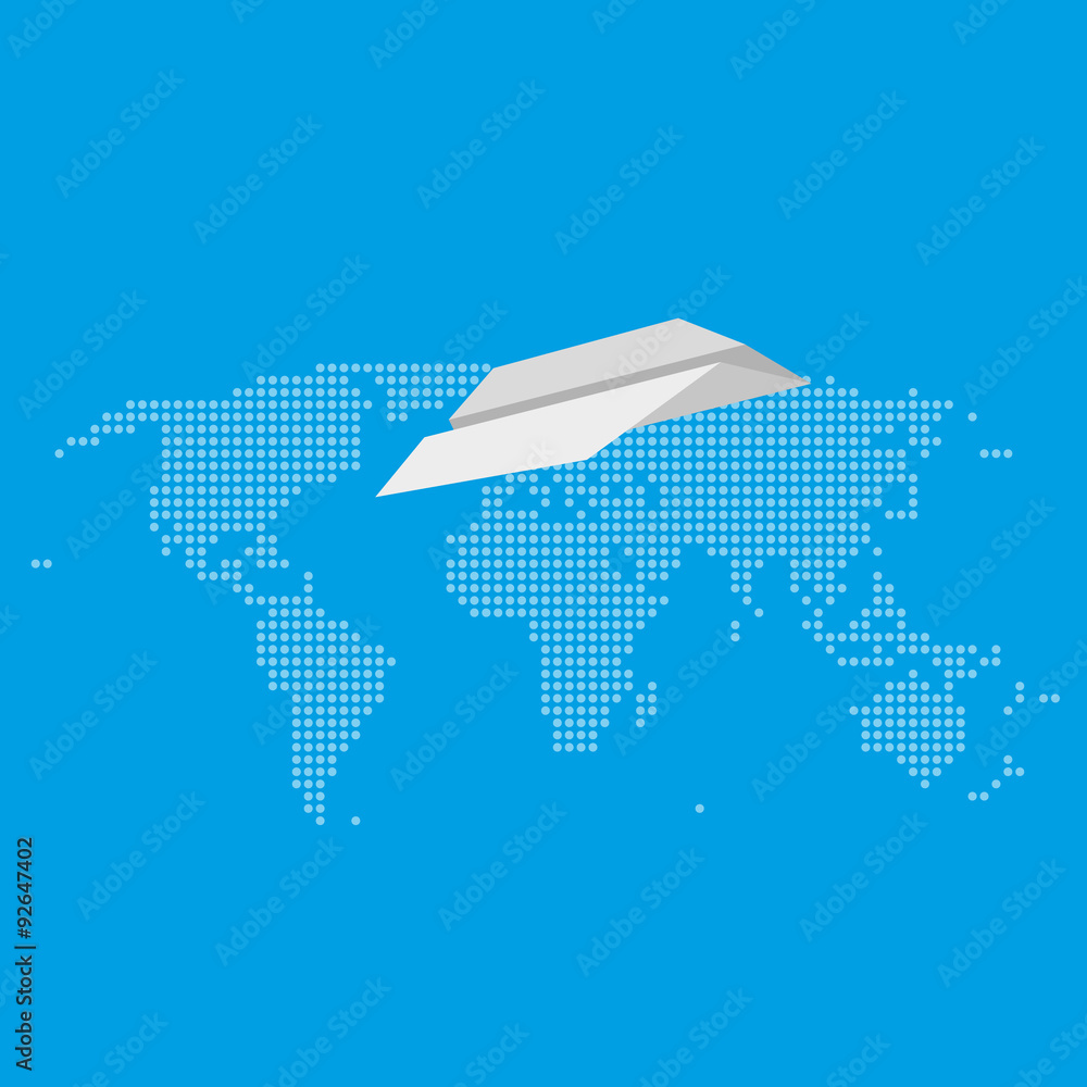 dotted world map with paper airplane vector Stock Vector | Adobe Stock