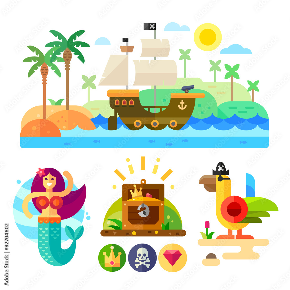 Pirate theme vector illustration set: pirate ship, pirate parrot with ...