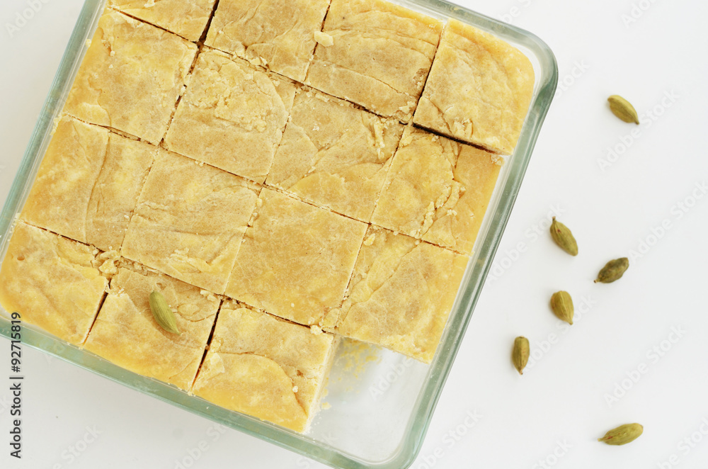 Mysore pak - traditional indian sweet made of chickpea flour, ghee and ...