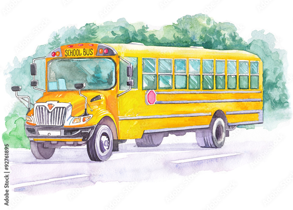 Watercolor yellow school bus illustration. Stock Illustration | Adobe Stock
