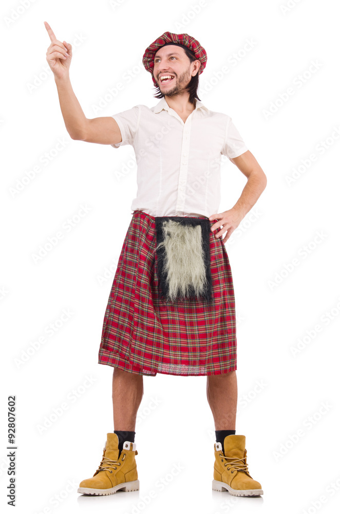 Man in scottish skirt isolated on white Stock Photo | Adobe Stock