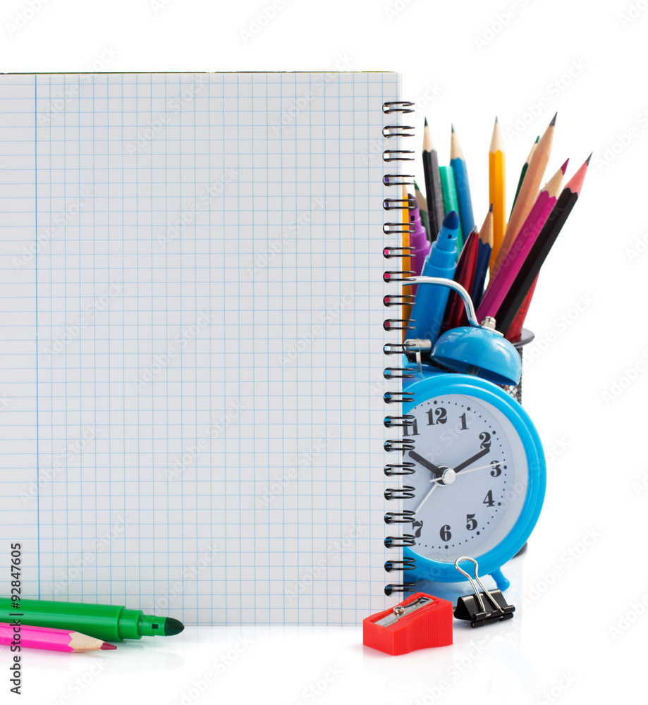 notebook and school supplies on white Stock Photo | Adobe Stock
