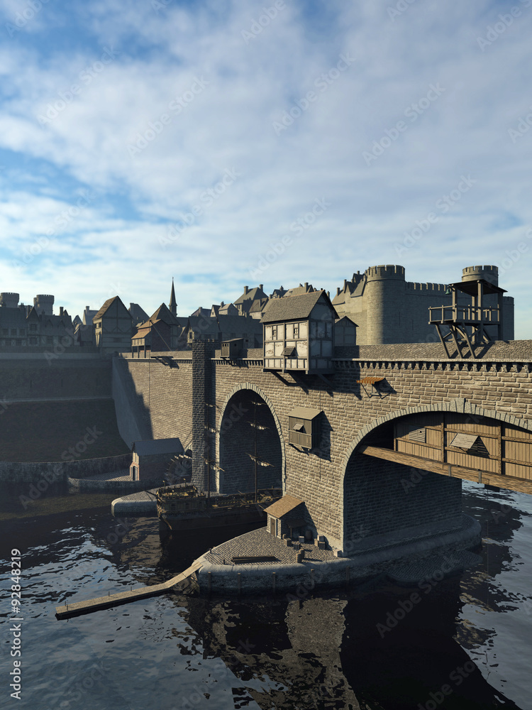 Illustration of an old European Medieval bridge with gatehouse and half ...