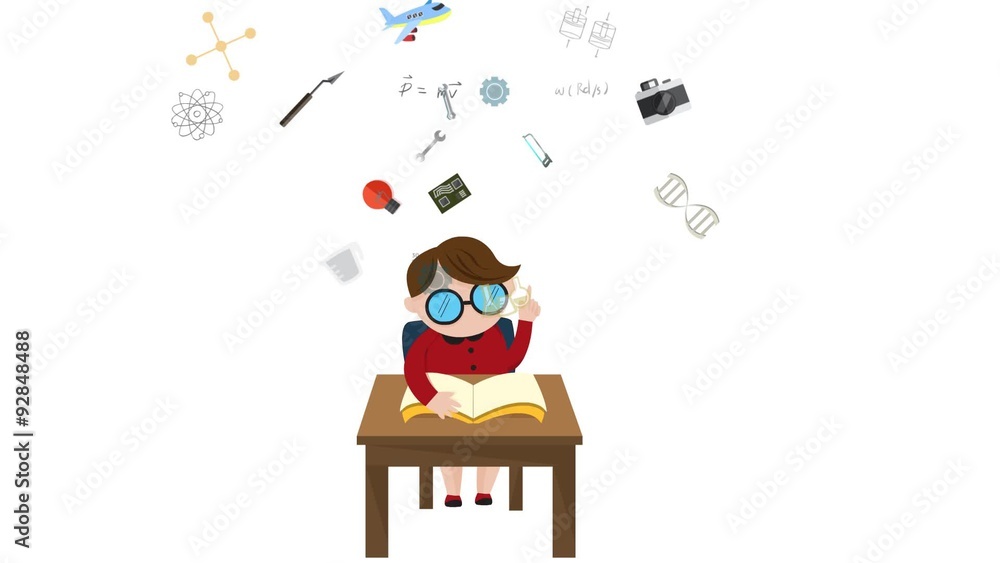 Cartoon animation boy student reading education book with science maths ...
