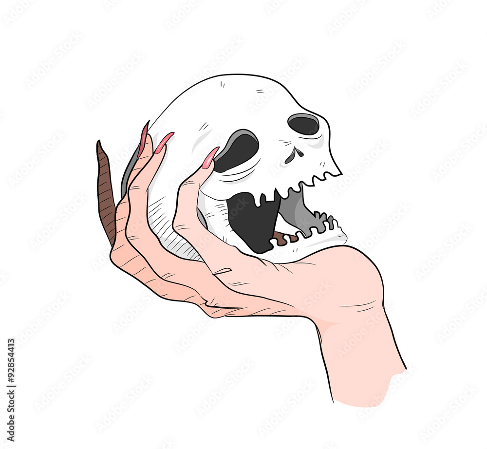 Skull, a hand drawn vector illustration of a hand grabbing a skull ...