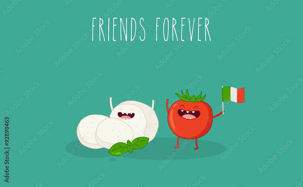 Mozzarella cheese and tomato. Comic characters. Vector cartoon. Stock ...