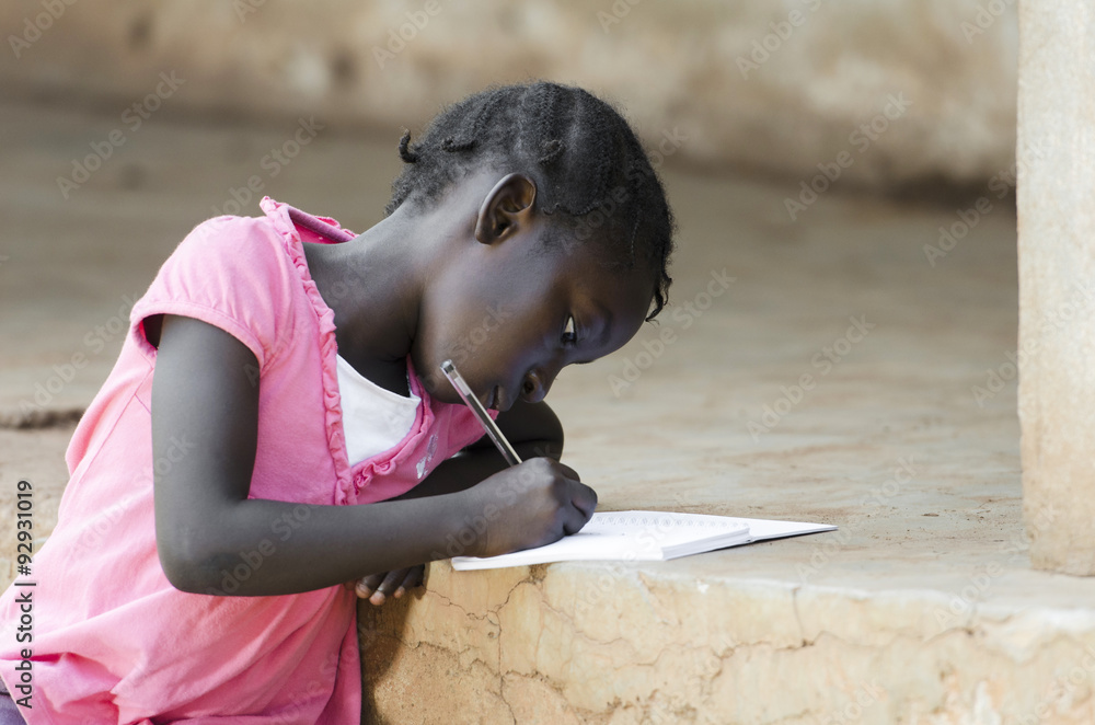Writing Activity: Little Black Baby Girl starting school, sitting on ...