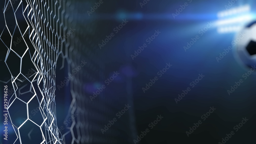 4K slow motion 3d animation of soccer ball flying and tearing goal net ...