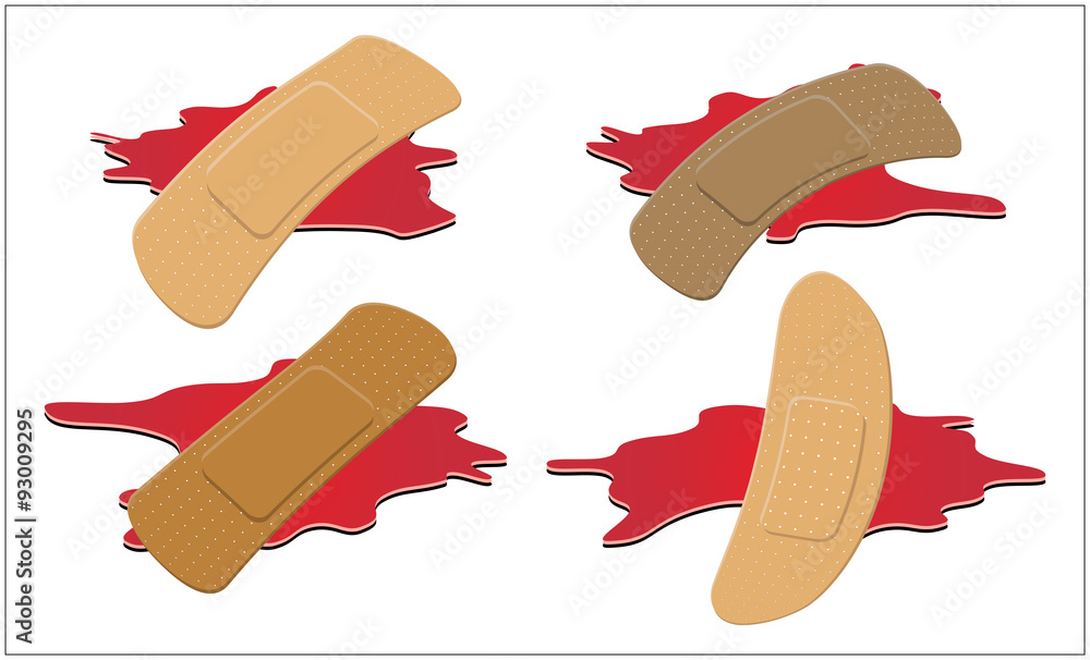 Set of Adhesive, flexible, fabric plaster with red blood puddle ...