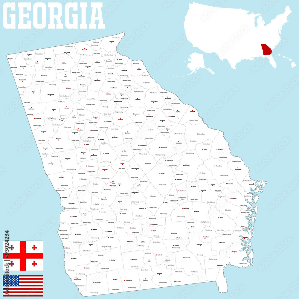 Large and detailed map of the State of Georgia with all counties and ...