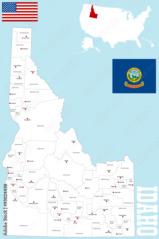 Large and detailed map of the State of Idaho with all counties and ...