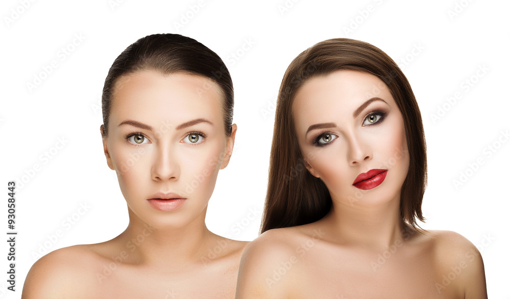 comparison portraits beautiful girl with and without makeup, before and ...