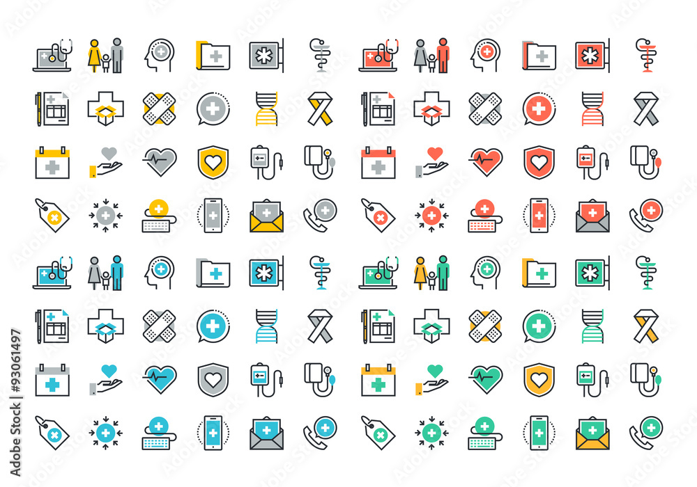 Flat line colorful icons collection of healthcare services, online ...
