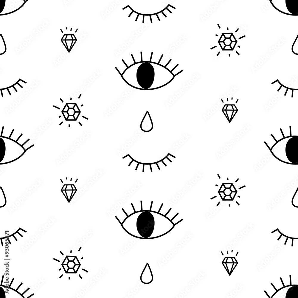 Abstract pattern with open and winking eyes, diamonds, tears. Cute ...