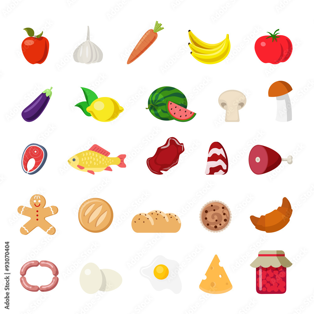Flat vector food website app icons: vegetable fruit fish meat Stock ...