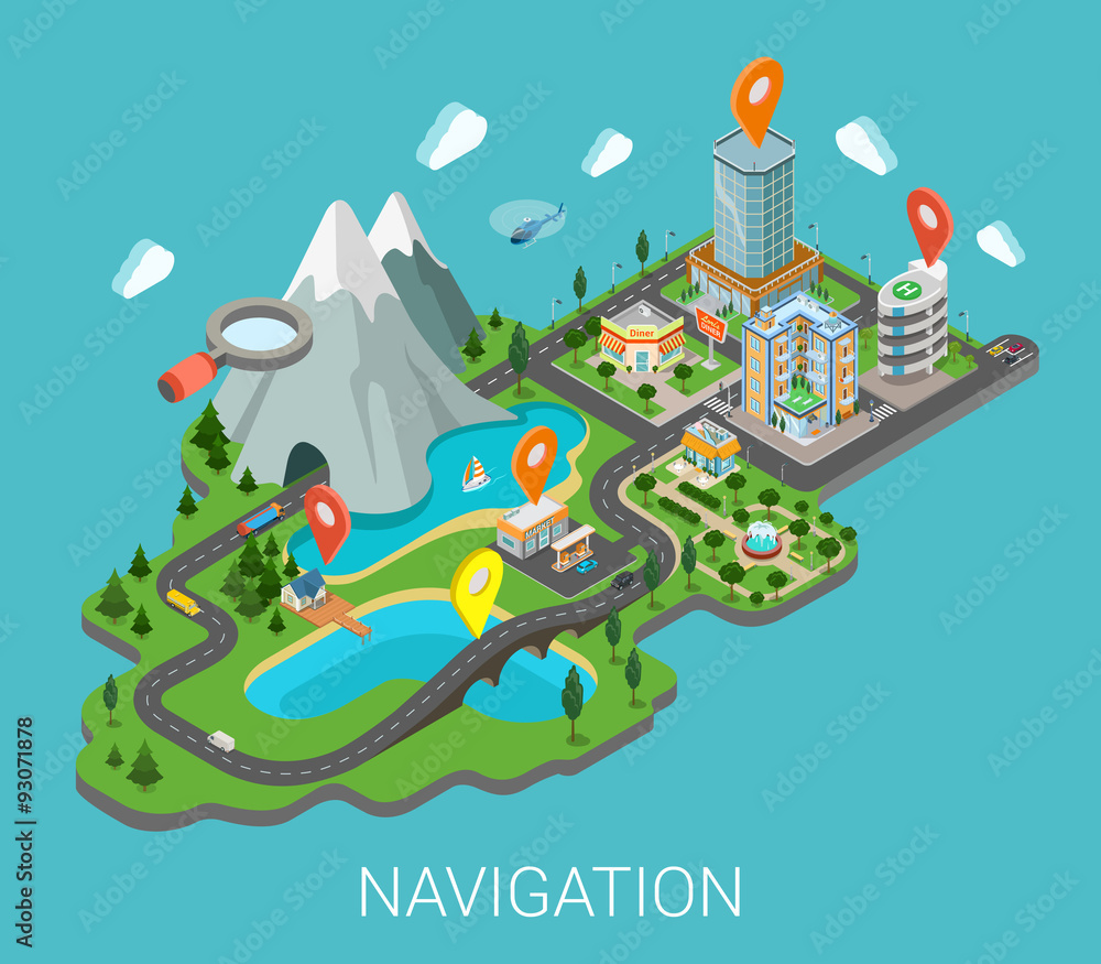 Mobile navigation in flat 3d isometric vector: GPS map markers Stock ...