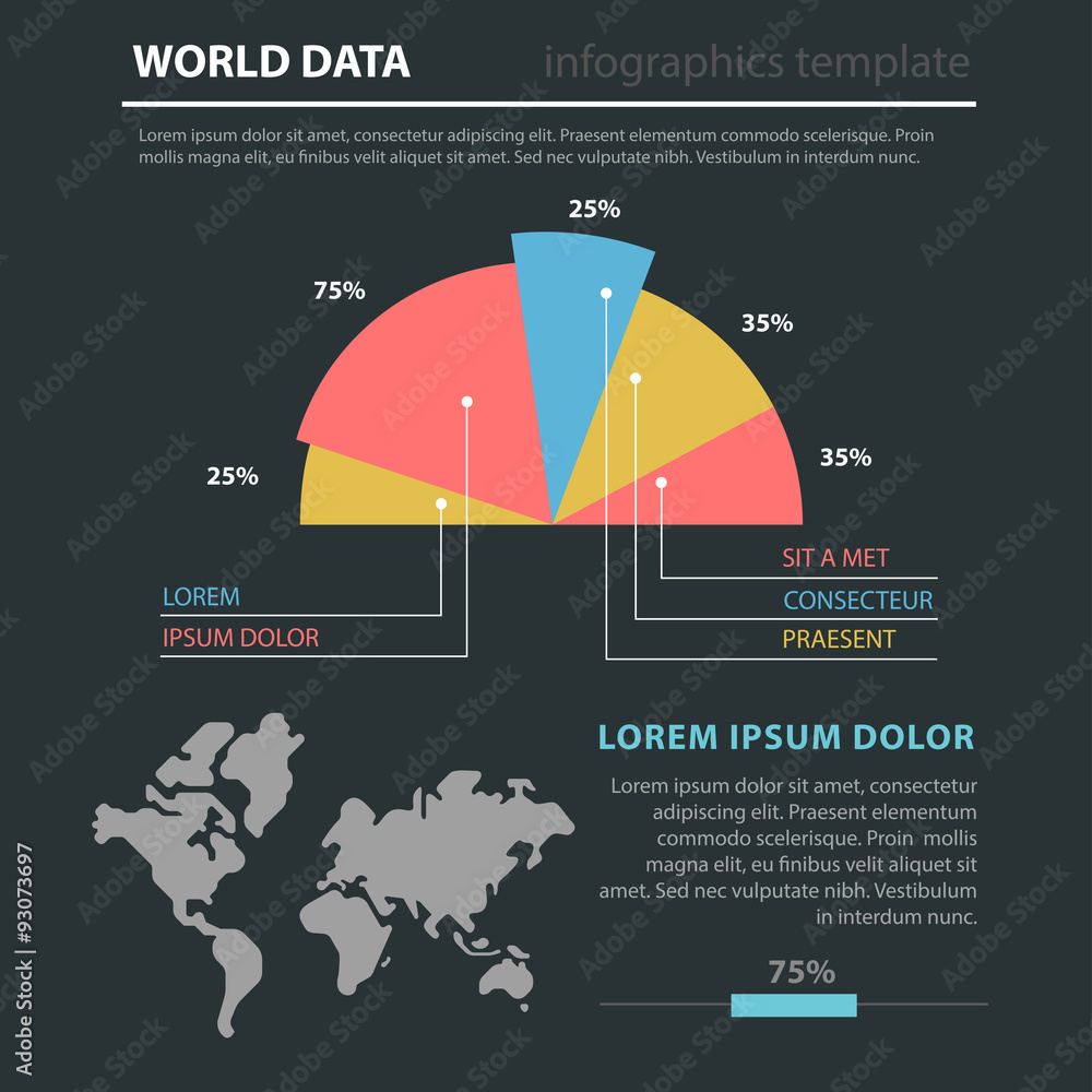 Marketing world map flat vector infographic: diagram pie chart Stock ...