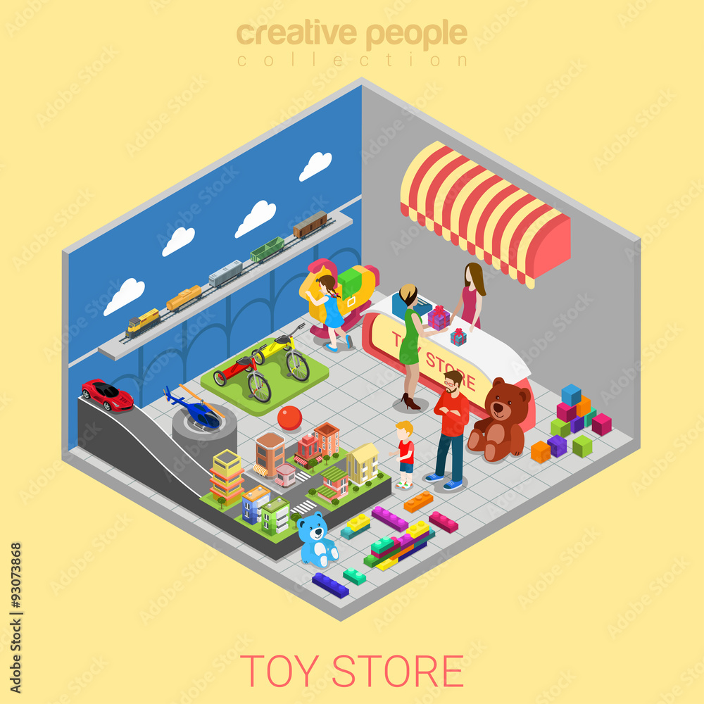 Flat 3d isometric toy store infographic kid child shop interior Stock ...