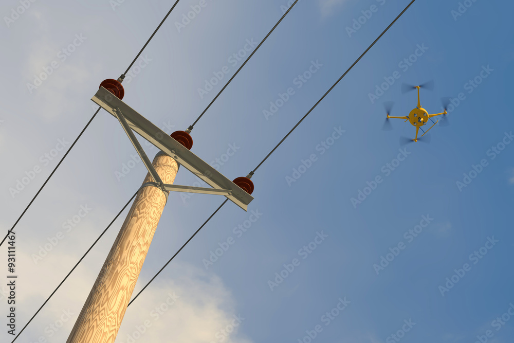 UAV drone in flight inspecting electrical transmission wires on wooden ...
