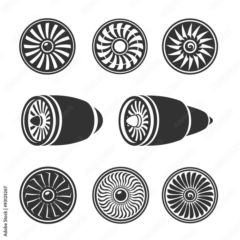 Turbines icons set, airplane engine silhouettes, technology Stock ...