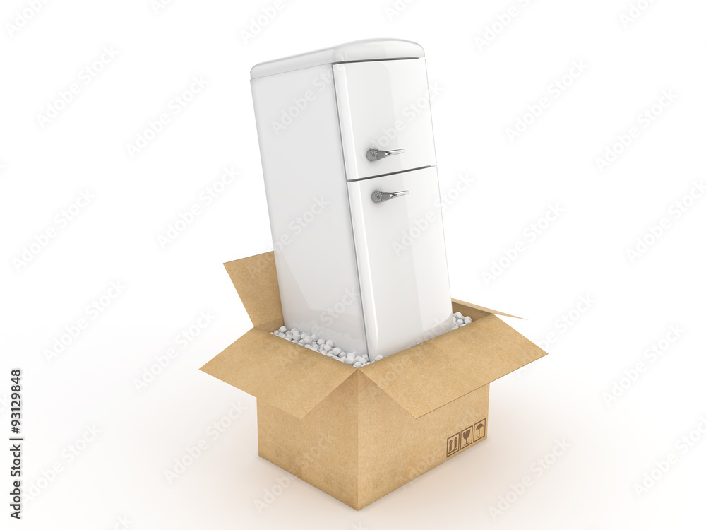 Refrigerator in cardboard box Stock Photo | Adobe Stock