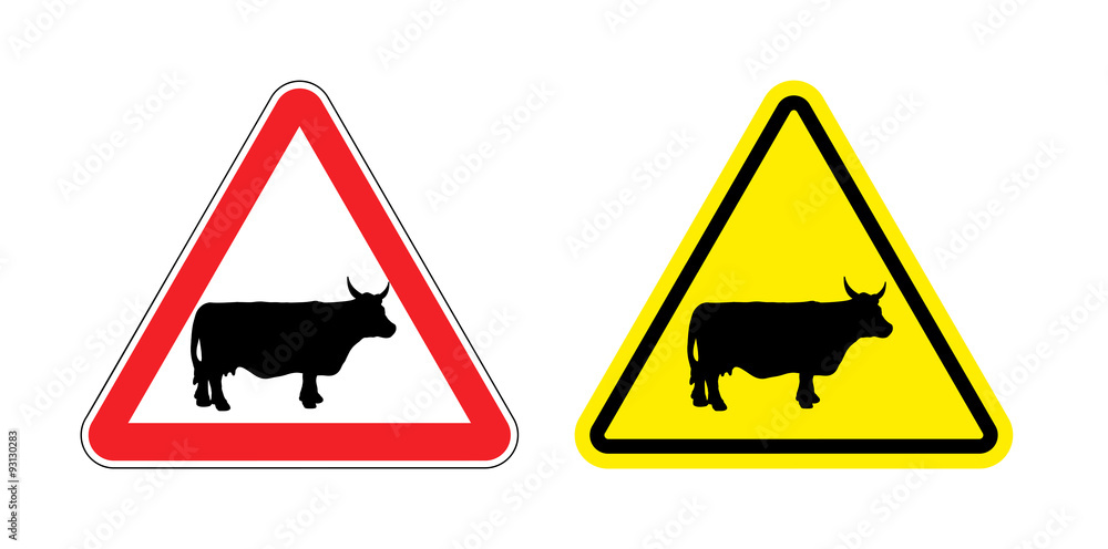 Warning sign attention cow. Hazard yellow sign herding. Silhouet Stock ...