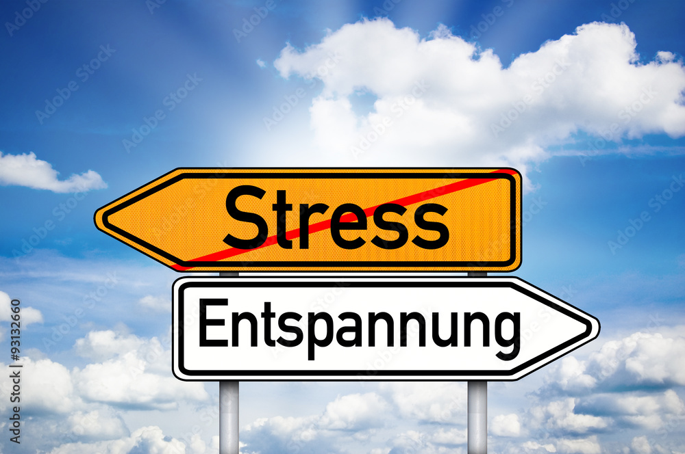 Schild mit Stress und Entspannung Stock-Foto | Adobe Stock