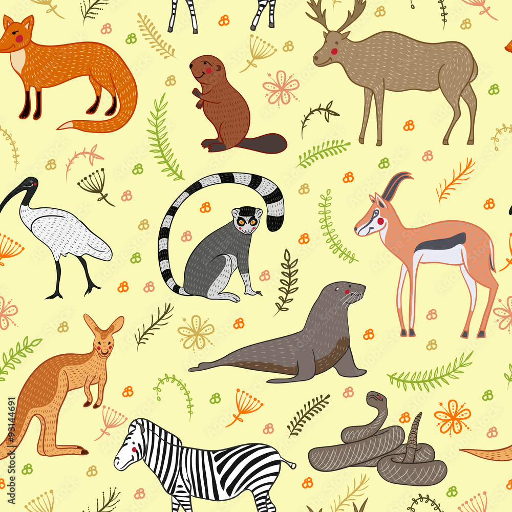 Seamless pattern with cartoon cute Animals vector set. Isolated vector ...