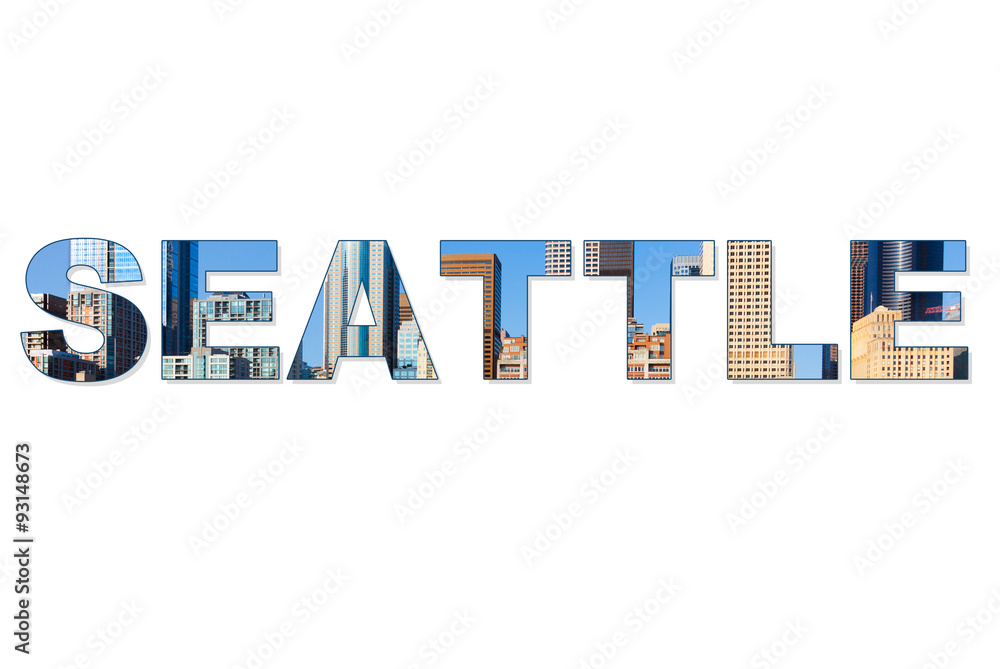 Seattle word collage of the city skyline inside the letters. Isolated ...