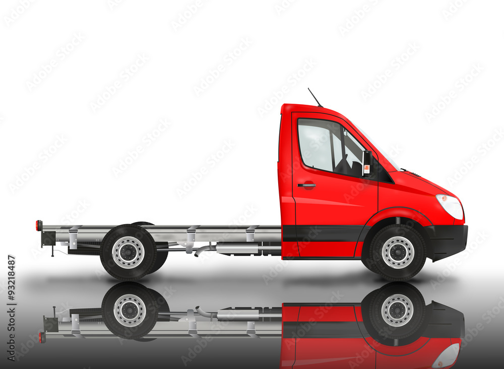 Modern van chassis with a mirror reflection on the white background ...